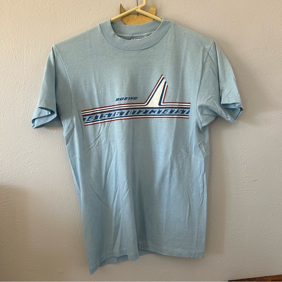 Hanes | Shirts | Vintage 8s 90s Boeing 747 757 Airplane Aviation Blue T ...